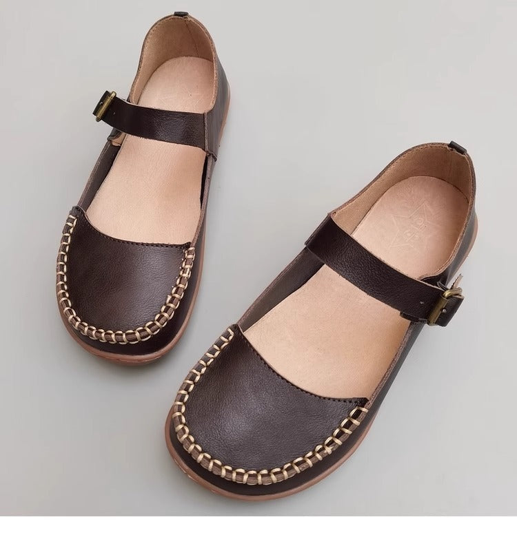 Leather Stitching Comfortable Buckle Low-cut Niche Mary Jane Shoes Wom ...