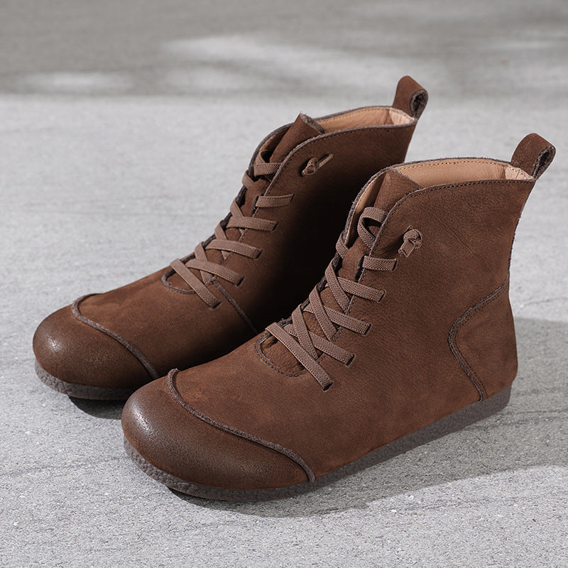Women's Leather Contrast Panel Ankle Boots - Round-Toe Lace-Up Design ...