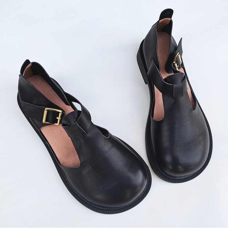 Women's Genuine Leather Retro Big Toe Box Both Sides Hollowed Out Buck ...